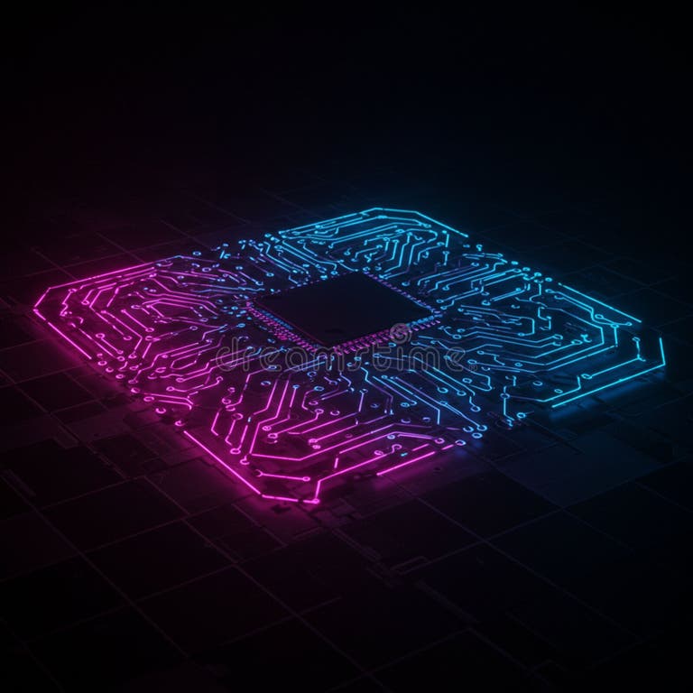 Neon-lit Circuit Board Design, Featuring a Central Processing Unit ...