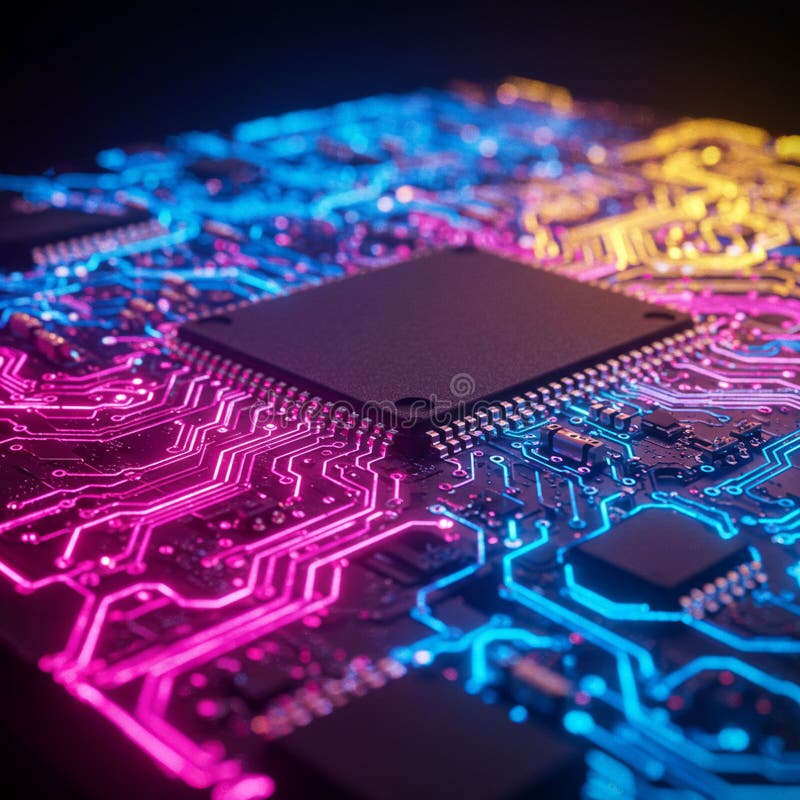 Neon-lit Circuit Board Featuring Interconnected Pathways Illuminated in ...