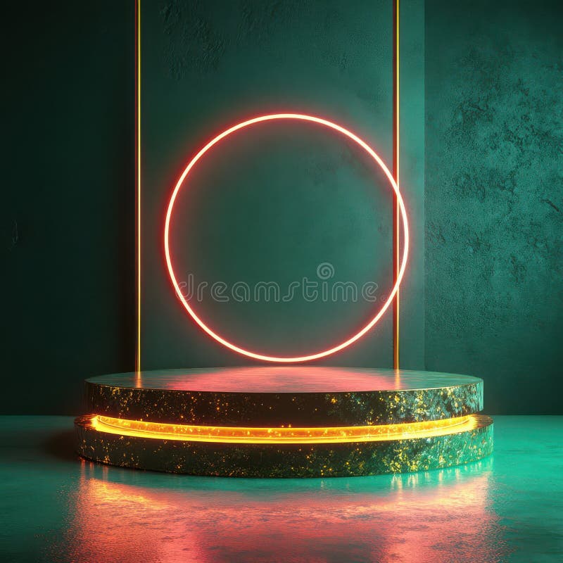 Neon Lit Circular Platform Green Background Product Display Stock ...