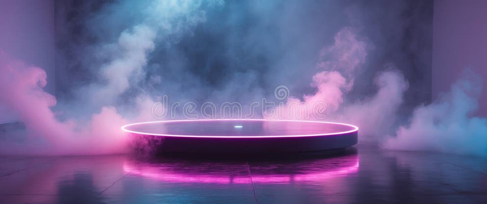 Neon Lit Circular Platform in Smoky Studio Stock Image - Image of smoky ...