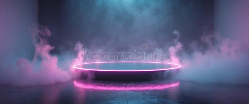 Neon Lit Circular Platform in Smoky Studio. Stock Image - Image of ...