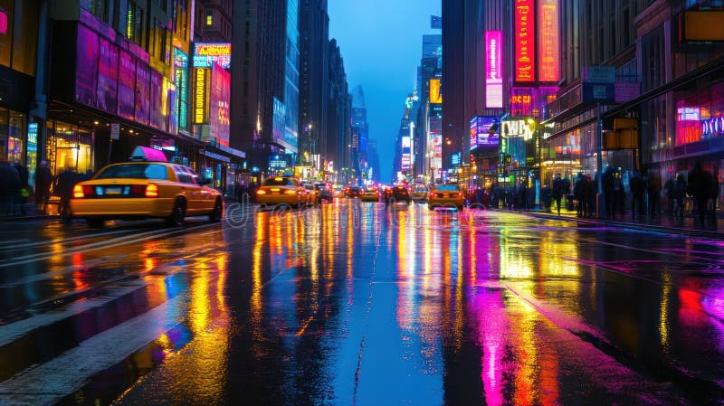 Neon-lit City Street at Night with Wet Reflections Stock Illustration ...