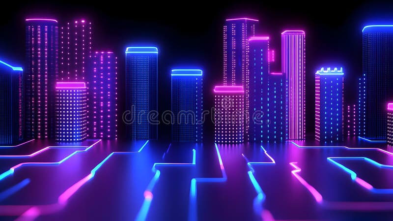 Neon Lit Cityscape with Blue and Purple Building Facades on a Dark ...