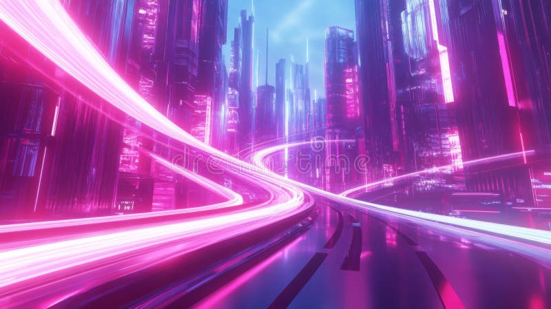 Neon-Lit Cityscape with Curved Road and Glowing Lights Stock ...