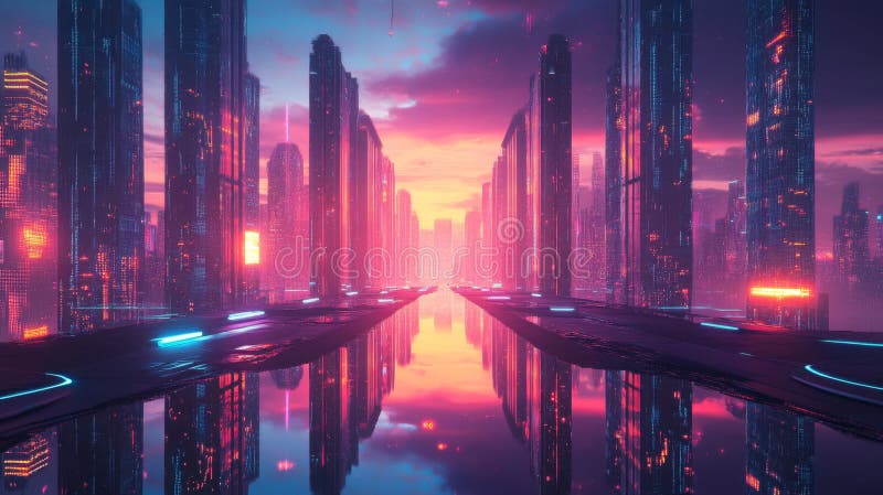 Neon-Lit Cityscape with Reflective Water and a Sunset Sky Stock ...
