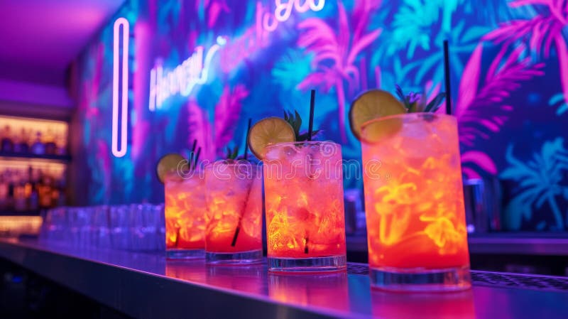 Neon Lit Cocktails Tropical Bar Setting Stock Illustration ...