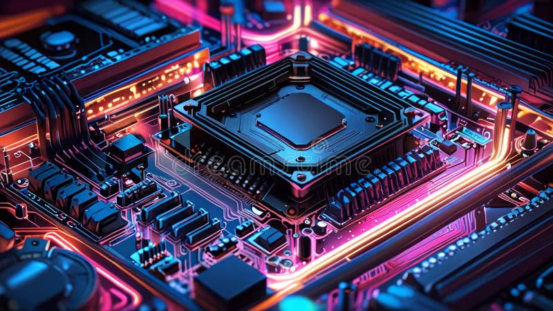 Neon-Lit Computer Motherboard with Circuit Tracks and Chips Stock Image ...