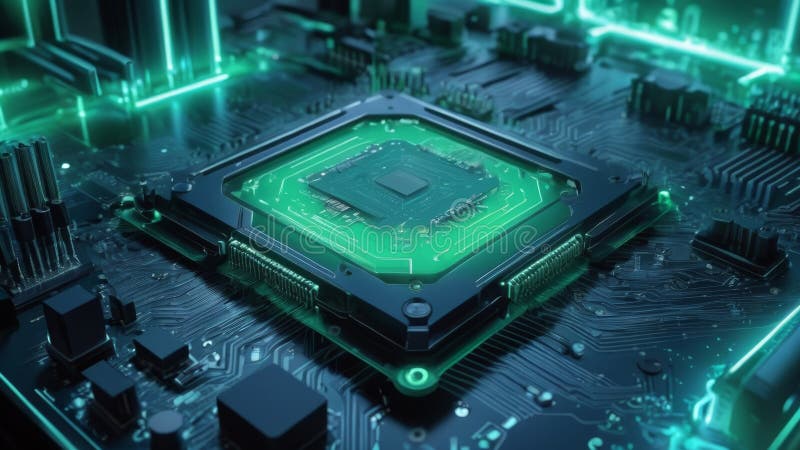 Neon-Lit Computer Motherboard with Circuit Tracks and Chips Stock Photo ...