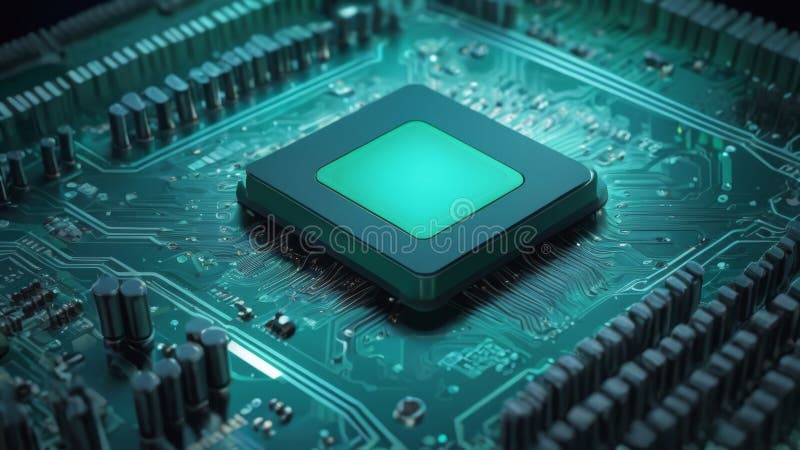 Neon-Lit Computer Motherboard with Circuit Tracks and Chips Stock Photo ...