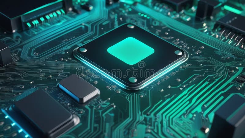 Neon-Lit Computer Motherboard with Circuit Tracks and Chips Stock Photo ...