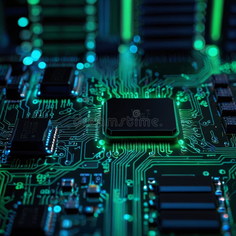 Neon-Lit Computer Motherboard with Circuit Tracks and Chips Stock Photo ...