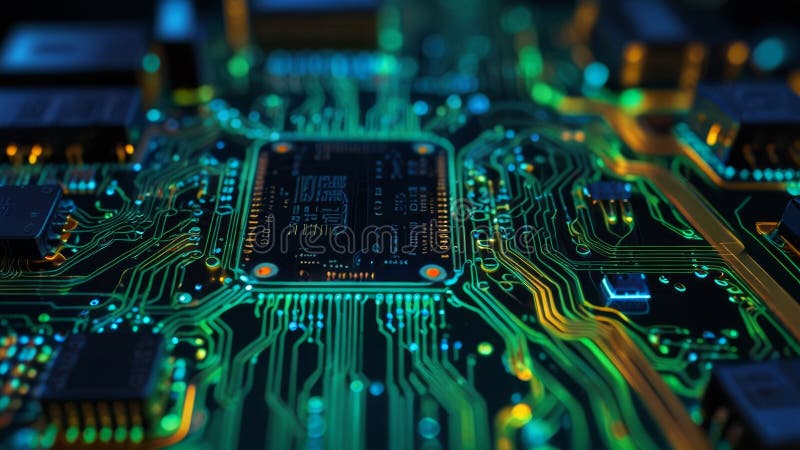 Neon-Lit Computer Motherboard with Circuit Tracks and Chips Stock Photo ...