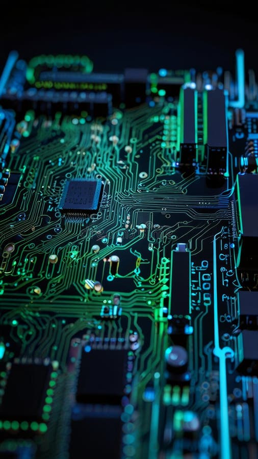 Neon-Lit Computer Motherboard with Circuit Tracks and Chips Stock Photo ...