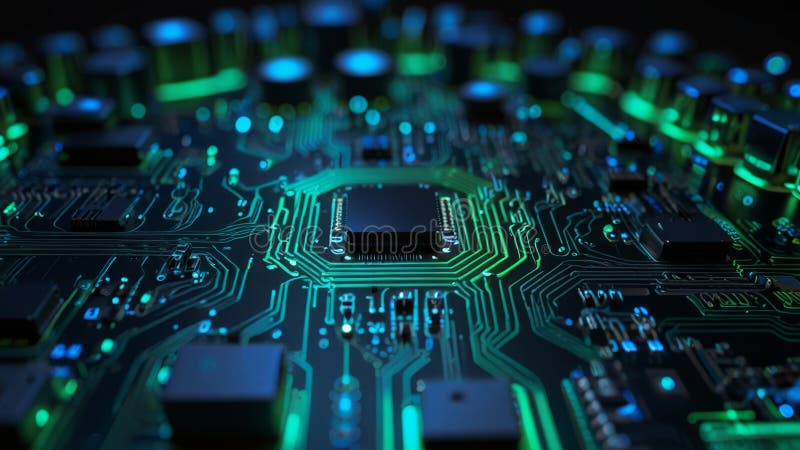 Neon-Lit Computer Motherboard with Circuit Tracks and Chips Stock Photo ...