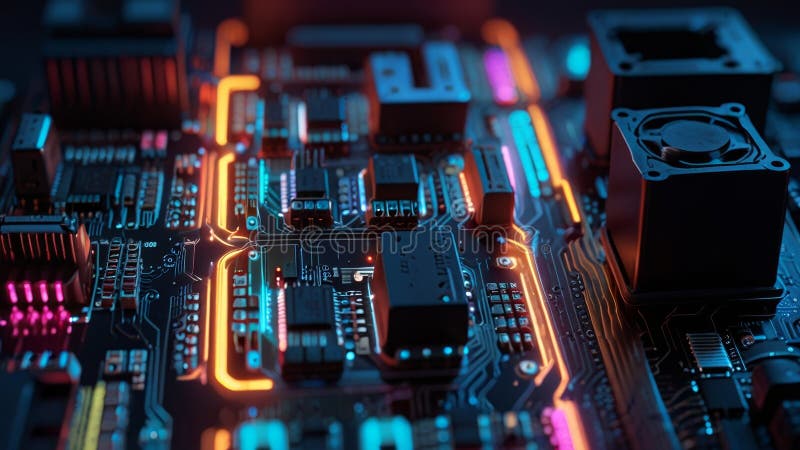 Neon-Lit Computer Motherboard with Circuit Tracks and Chips Stock Image ...