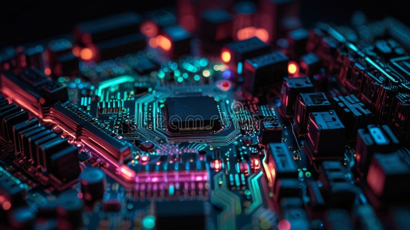Neon-Lit Computer Motherboard with Circuit Tracks and Chips Stock Image ...