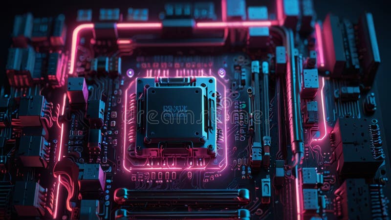 Neon-Lit Computer Motherboard with Circuit Tracks and Chips Stock Photo ...