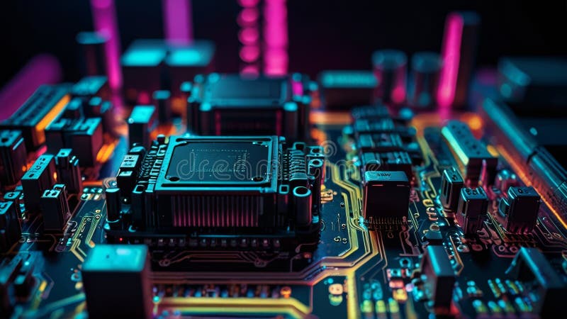 Neon-Lit Computer Motherboard with Circuit Tracks and Chips Stock Image ...