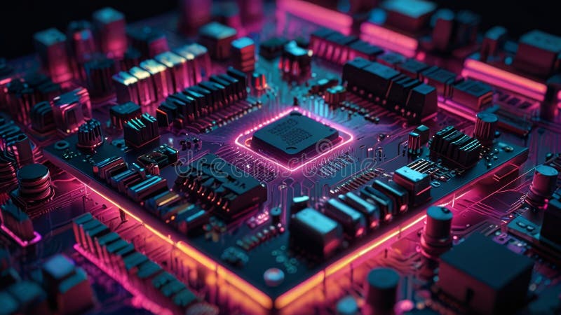 Neon-Lit Computer Motherboard with Circuit Tracks and Chips Stock Photo ...