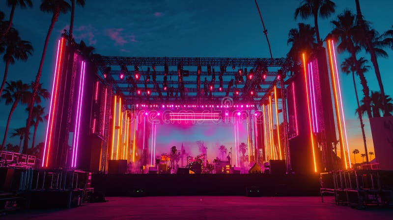 Neon-lit Concert Stage at Sunset with Palm Trees Stock Image - Image of ...