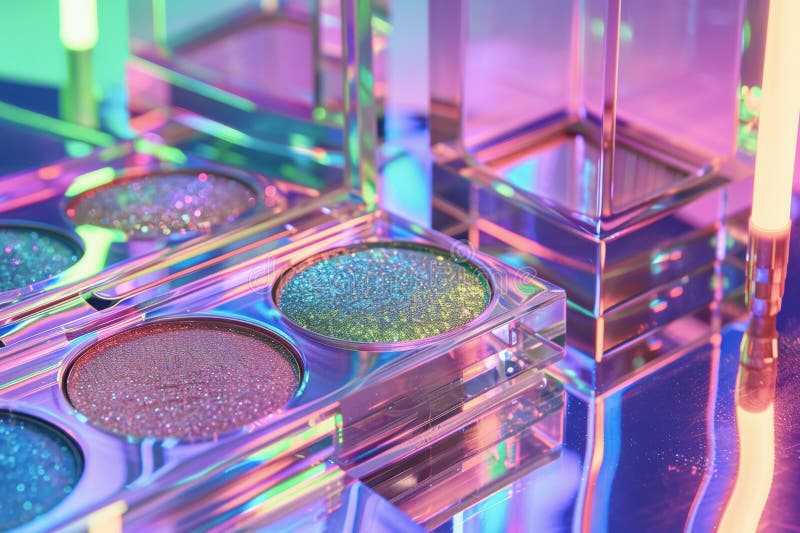 Neon-lit Cosmetics Display with an Array of Shimmering Makeup Palettes ...