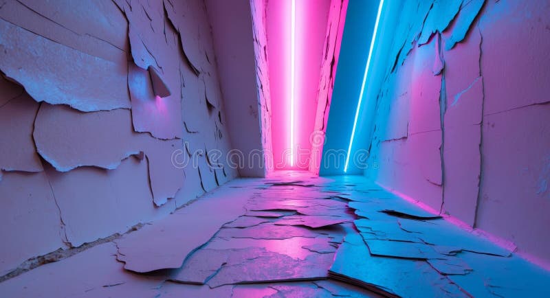 Neon Lit Cracked Walls and Floor. a Striking Visual of Decay and Modern ...