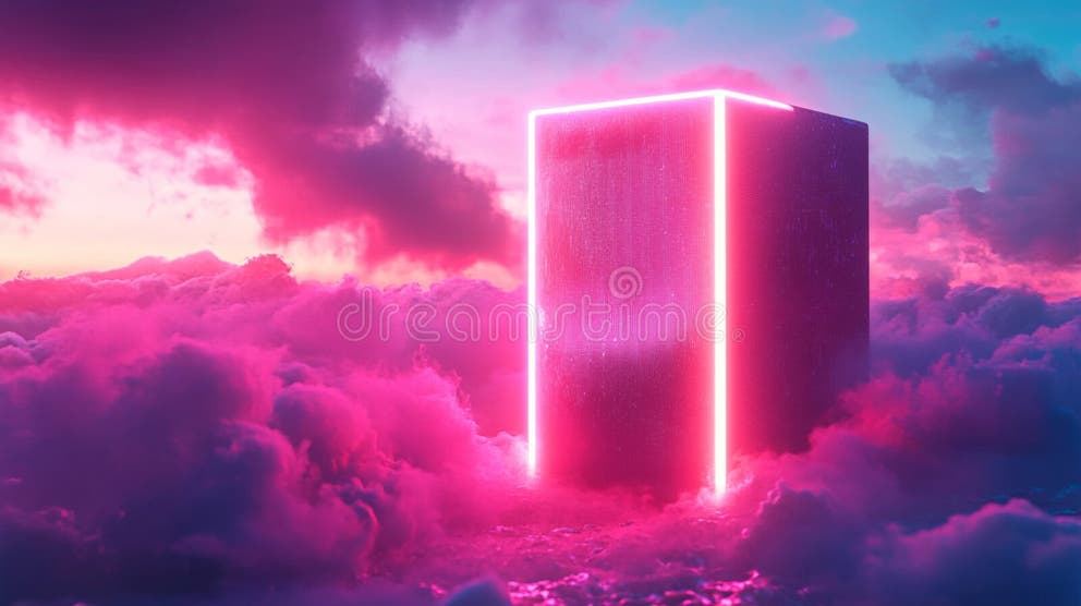Neon Lit Cubic Structure Amidst Pink Clouds at Sunset in a Dreamlike ...