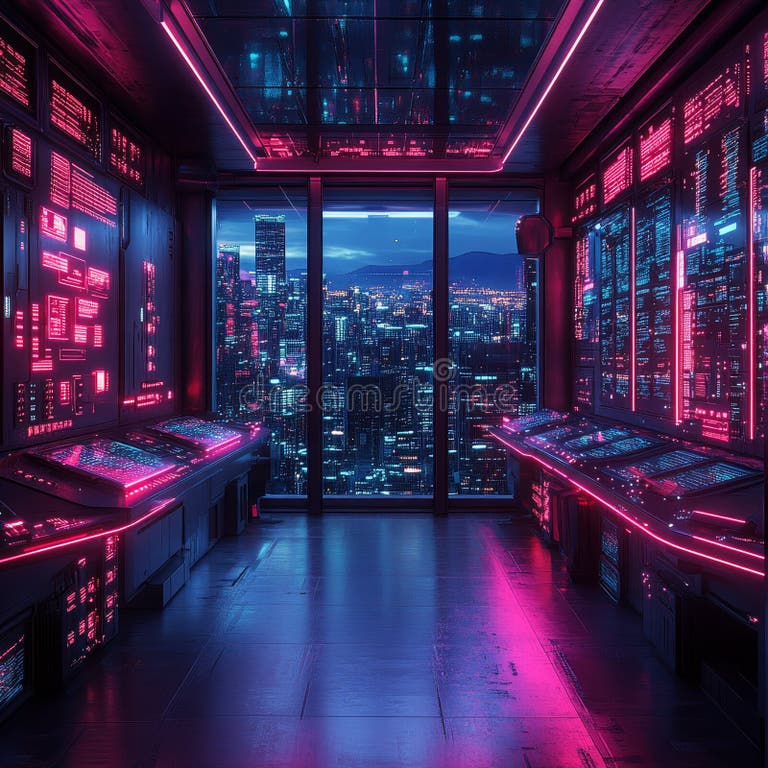 Neon Lit Cyber Security Command Center with City Views Stock ...