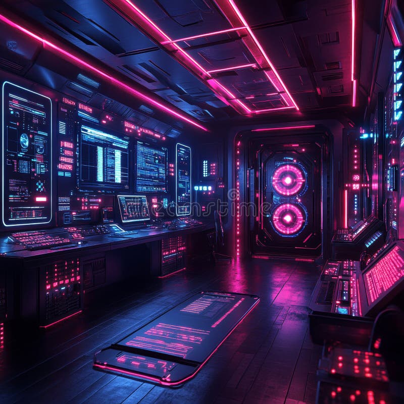 Neon Lit Cyber Security Command Center with Glowing Screens Stock ...