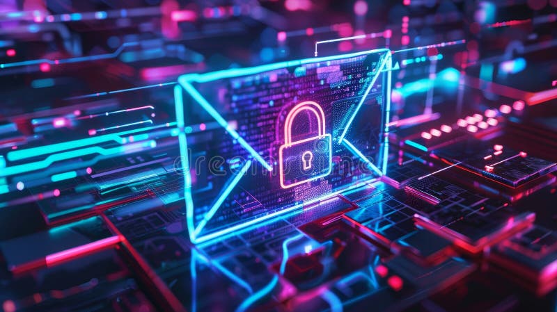 Neon Lit Cyber Security Concept Encrypted Email Symbolized by Padlock ...