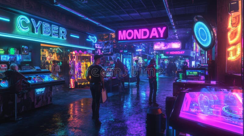 Neon-lit Cyberpunk Arcade with People Walking Past Stock Illustration ...