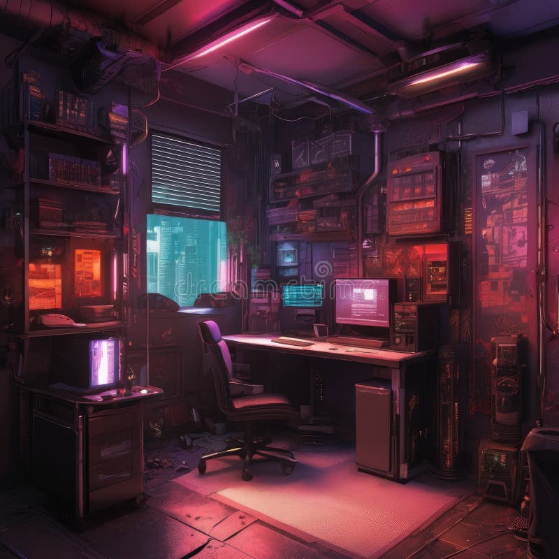 Neon-Lit Cyberpunk Workspace with Advanced Computer Setup at Dusk Stock ...