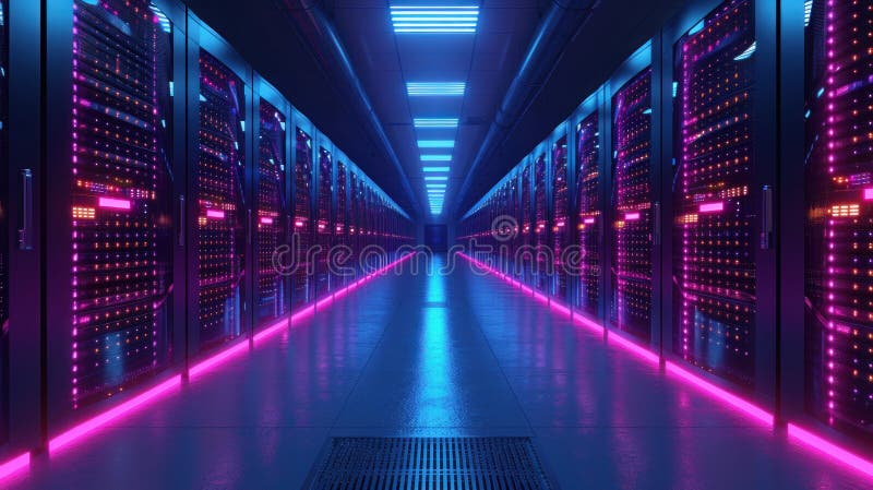 Neon-Lit Data Center Aisle with Server Racks Stock Illustration ...