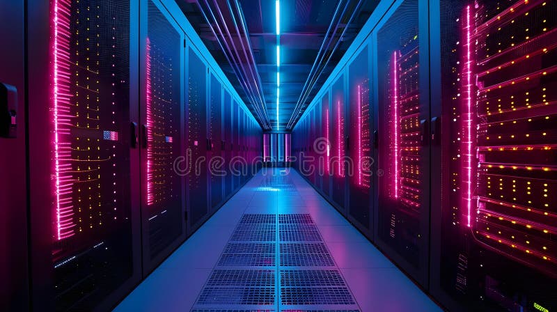 Neon-Lit Data Center Corridor - Futuristic Technology Symphony. Concept ...