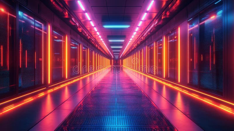 Neon-Lit Data Center Corridor with High-Tech Servers Generative AI ...
