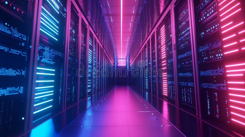 Neon-lit Data Center Hallway with Futuristic Lighting Stock Image ...
