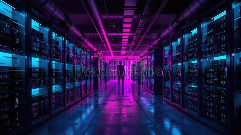 Neon-lit Data Center Server Room with Blue and Pink Lights. Technology ...
