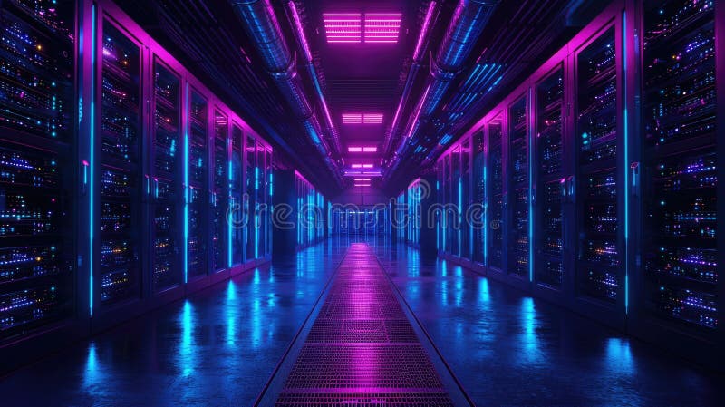 Neon-lit Data Center Server Room with Blue and Pink Lights. Technology ...