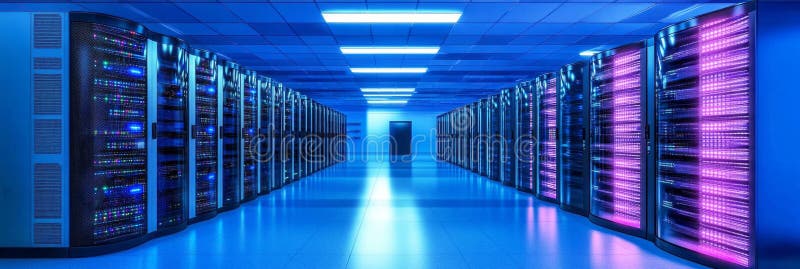A Neon-lit Data Room, with Sleek Racks and Fast Links Showing the ...