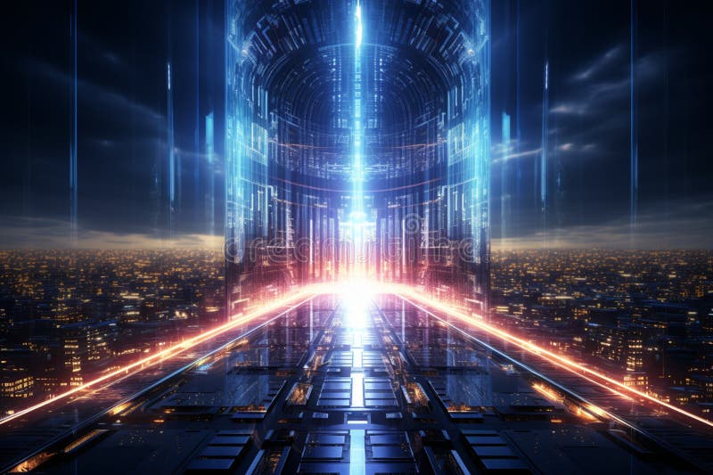 Neon Lit Digital Passage Binary Code Comes through an Open Futuristic ... Neon Lit Digital Passage Binary Code Comes through an Open Futuristic ...