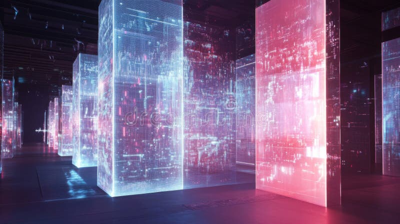 Neon-Lit Digital Towers in a Futuristic Landscape Stock Illustration ...