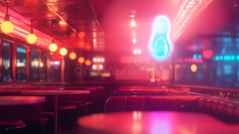 Neon-Lit Diner Interior with Booths and Tables Stock Illustration ...