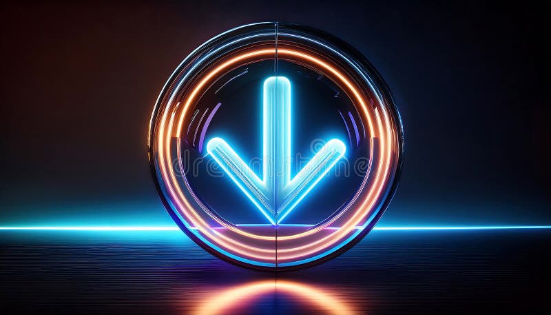 A Neon-lit Downward Arrow Inside a Circular Frame with Vibrant Blue and ...