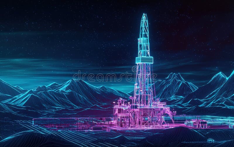 A Neon-lit Drilling Rig Stands Against a Mountain Backdrop Under a ...