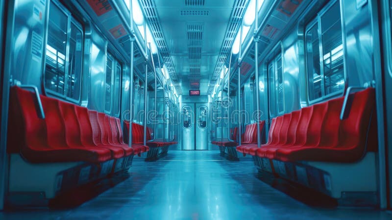 Neon-lit Empty Subway Car with Red Seats and Metallic Interior. Stock ...