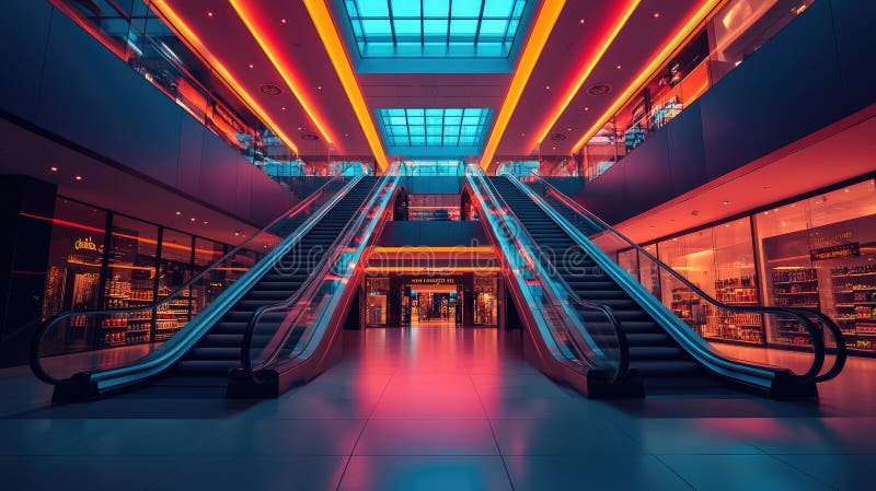 Modern Shopping Mall Interior with Escalators and Neon Lighting Stock ...