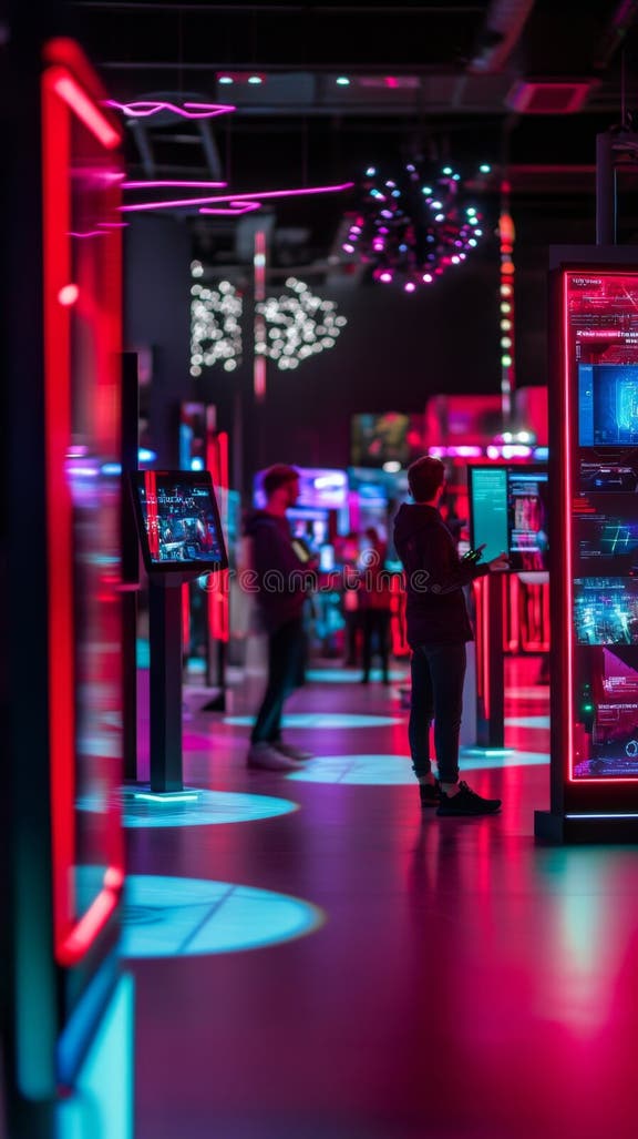 A Neon-lit Exhibition Space Filled with Interactive Technology. Visitors Explore Digital ...