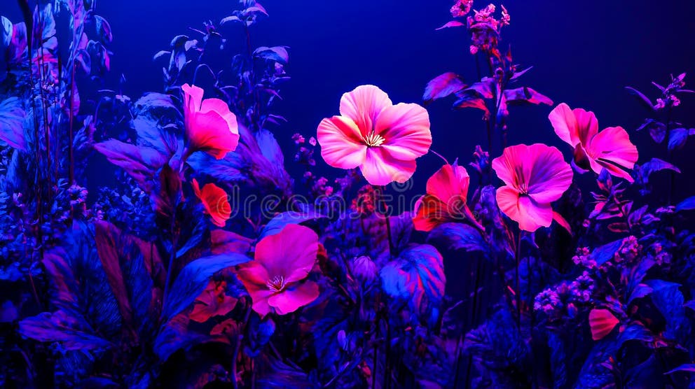 Neon-lit Flowers Glowing Under Ultraviolet Light Stock Illustration ...