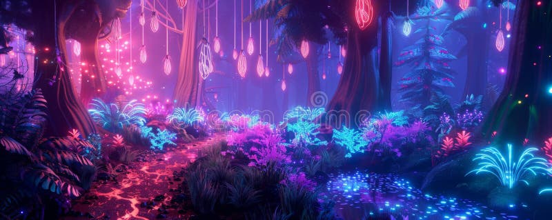 A Neon-lit Forest with Glowing Trees, Plants, and Pathways, Creating a ...