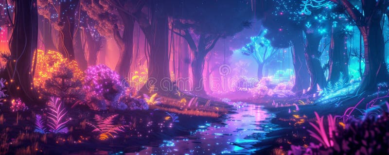 A Neon-lit Forest with Glowing Trees, Plants, and Pathways, Creating a ...